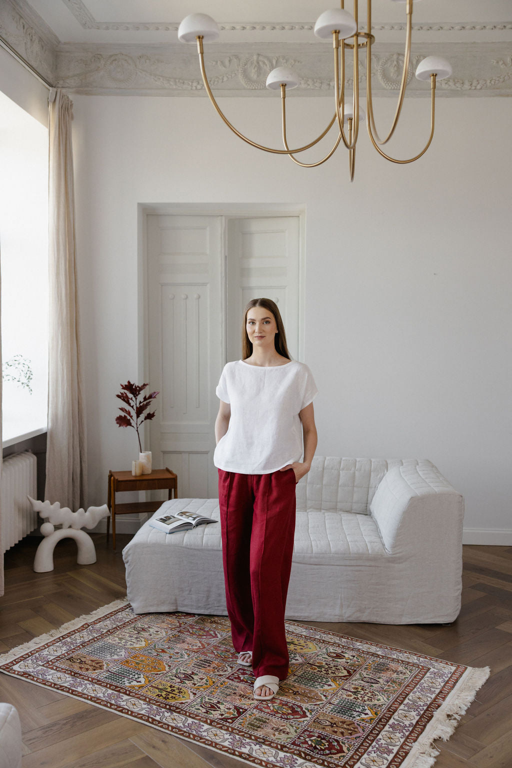 Red long linen pants with crease | SAND SNOW LINEN – Sand Snow Linen