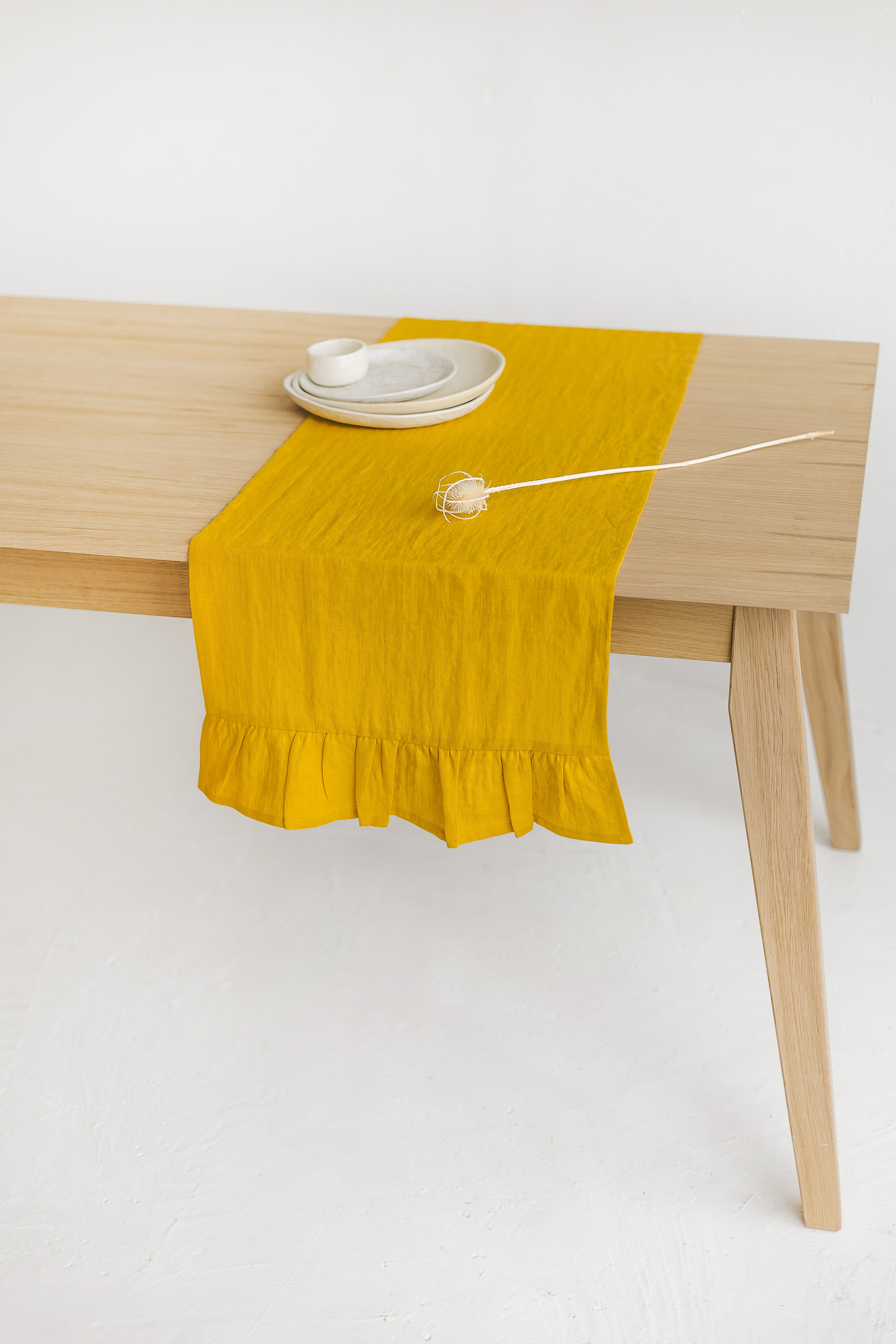 Yellow Linen Table Runner With Ruffle | SAND SNOW LINEN – Sand Snow Linen