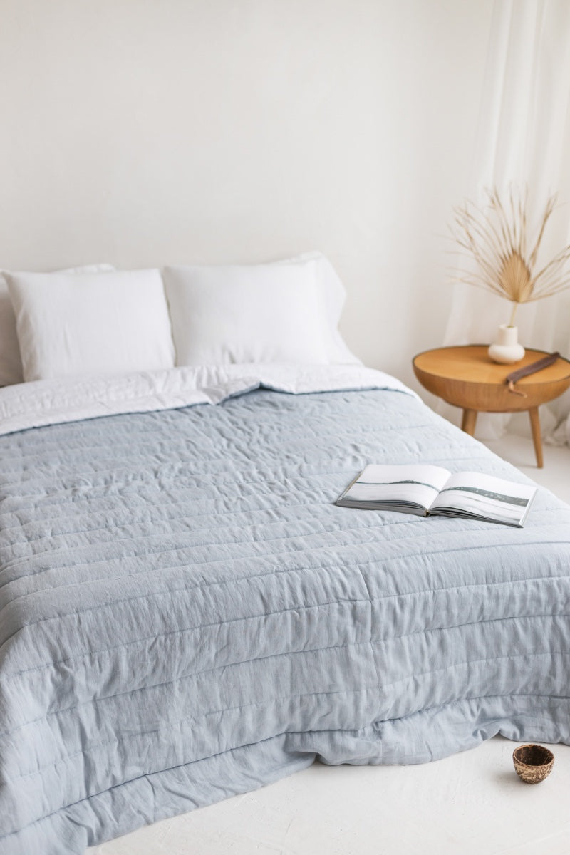 Ice blue quilted linen bedspread | SAND SNOW LINEN – Sand Snow Linen